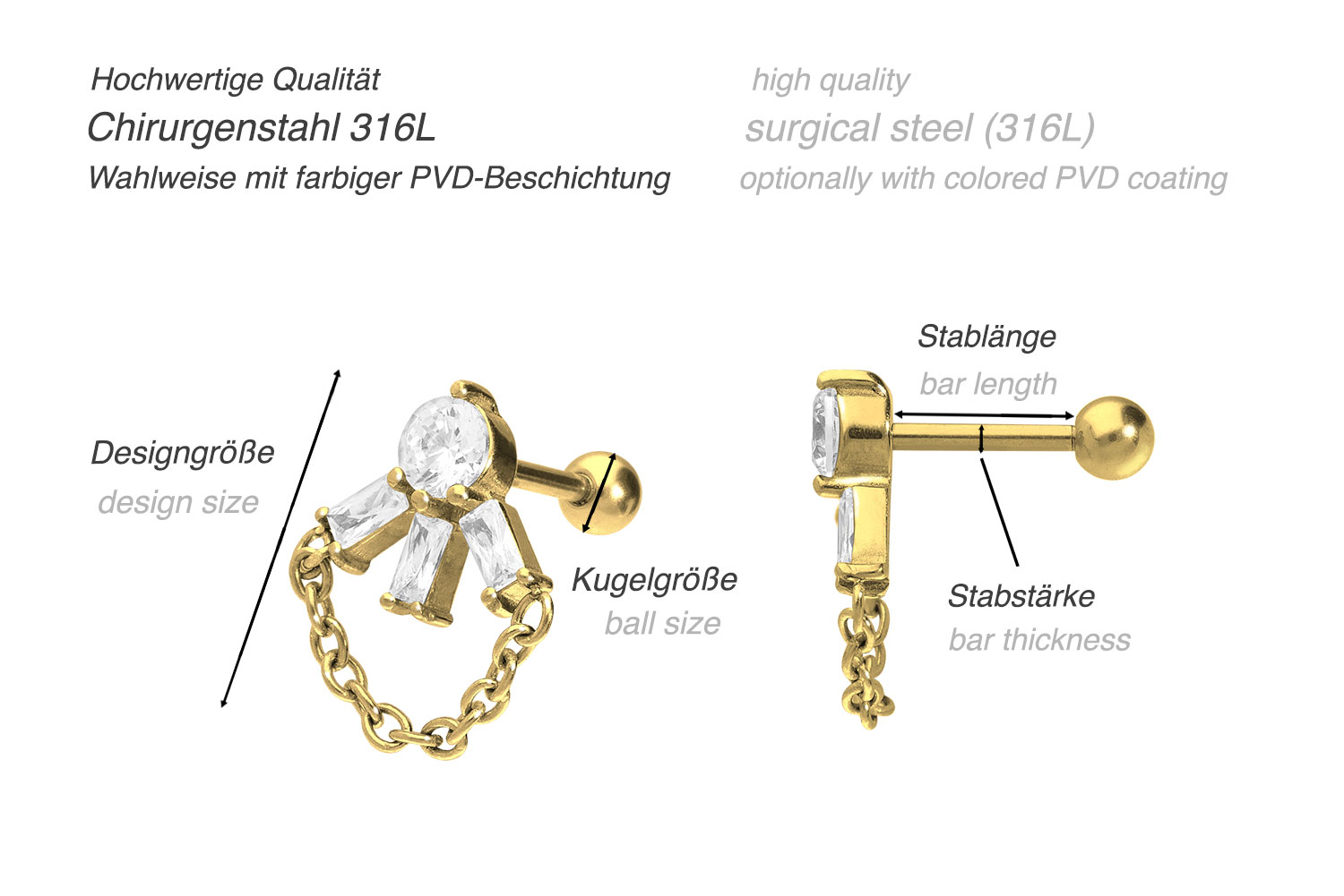 Surgical steel ear piercing SETTED CRYSTALS + CHAIN | PIERCINGLINE